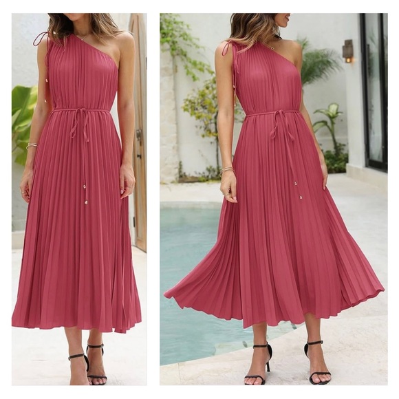 Dresses | Dusky Red Rose One Shoulder Belted Pleated Maxi Dress | Poshmark